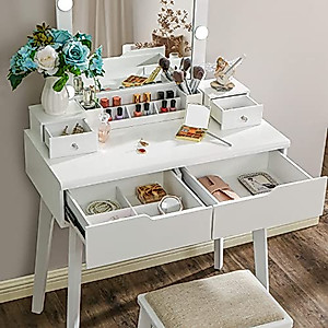 BEWISHOME Makeup Vanity Set with Lighted Mirror with 10 LED Bulbs, Makeup desk with 4 Drawers 2 DIY Dividers Removable Makeup Organizer & Cushioned Stool, White Table FST10W
