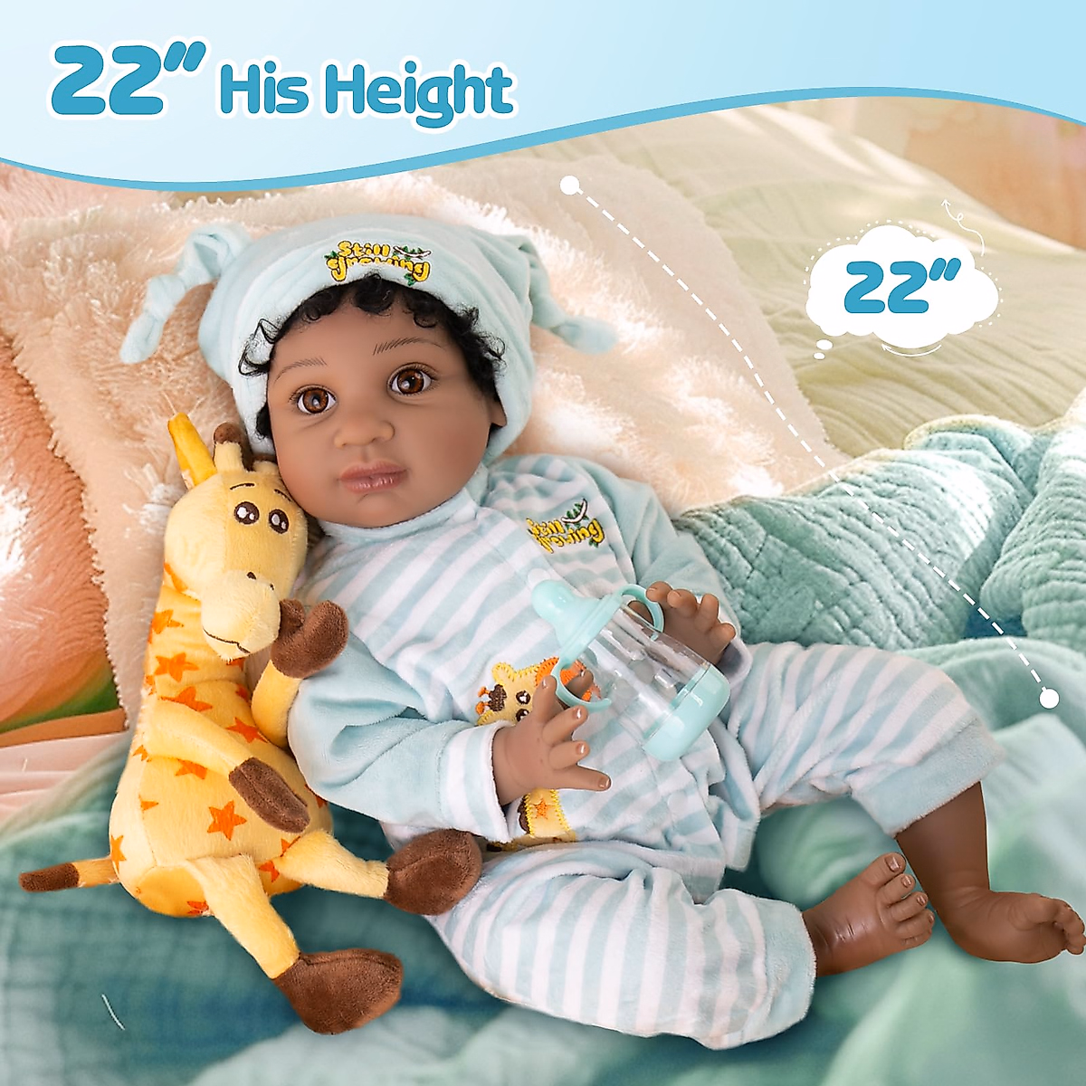 Aori Reborn Baby Dolls Black Americans Lifelike Reborn Baby Boy Look and Feel Real 22 Inch Biracial Newborn Doll with Giraffe Gift Set