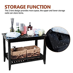Forevich Bamboo Shower Bench Stool Bathroom Shower Chair Seat with Storage Shelf Spa Bath Foot Rest for Insider Shower Bathtub Elderly and Disabled Black