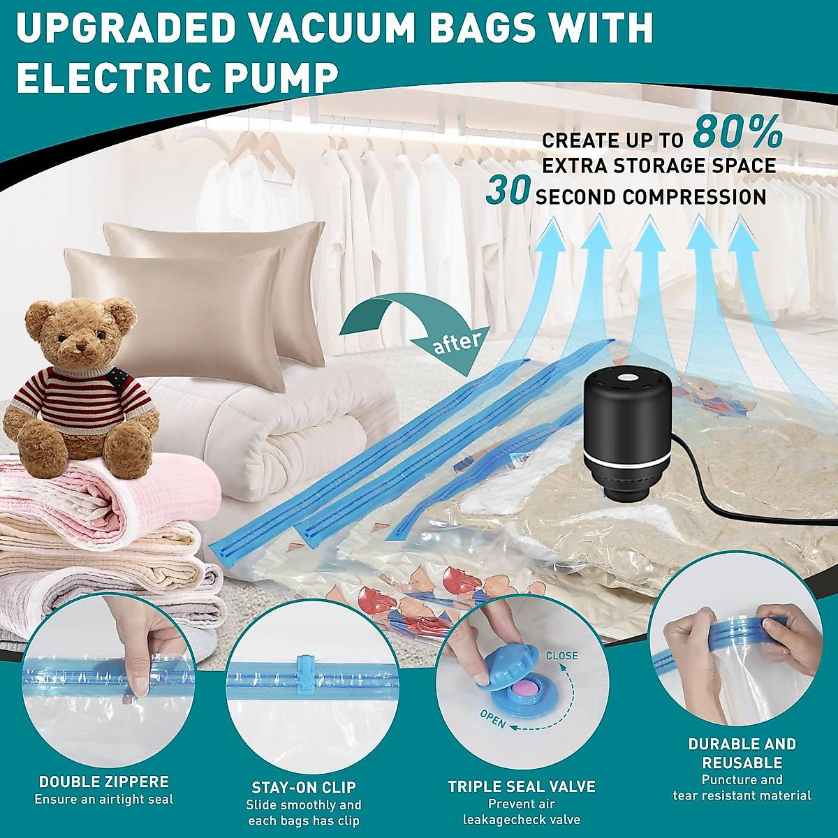 CasaCulina 12 Jumbo Space Saver Vacuum Storage Bags with Electric Pump, Vacuum Packing Seal Bags for Clothing, Clothes, Comforters, Blankets, Travel Vacuum Compression Sealer Bags for Luggage
