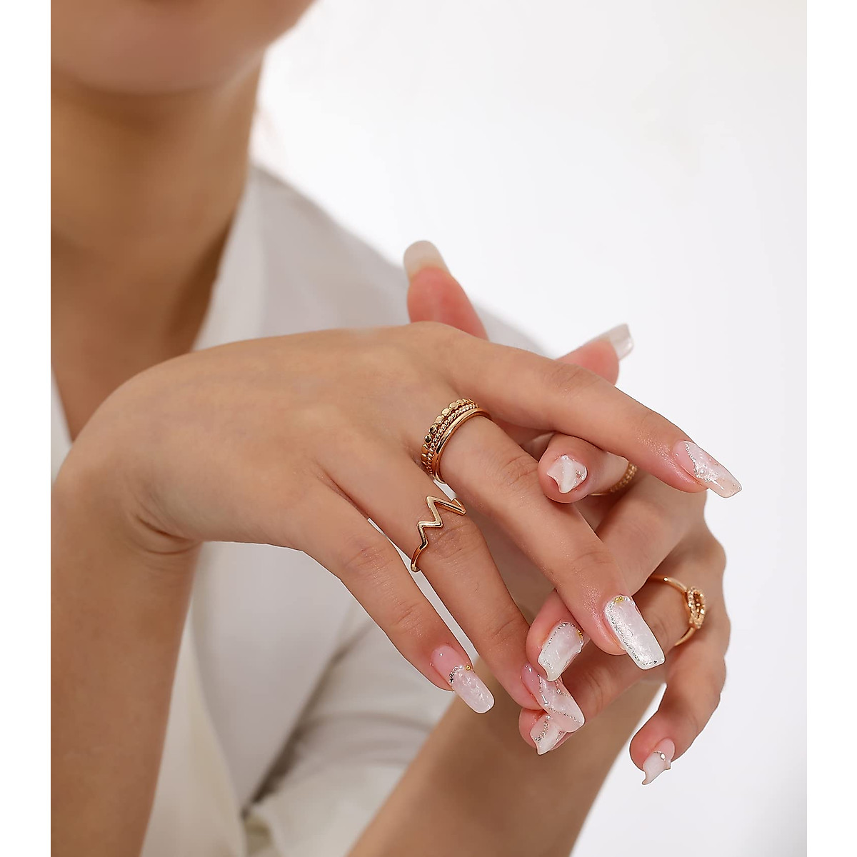 KOHOTA 10PCS 14K Gold Plated Rings for Women Gold Stackable Knuckle Rings Set Cute Dainty Silver Stacking Band Ring Pack Simple Heart Zirconia Wedding Promise Eternity Rings Size 5-12