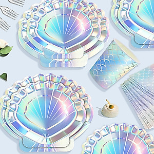122PCS Mermaid Party Supplies for Girls Baby Shower Birthday Party Under the Sea Little Mermaid Themed Decor Iridescent Shell Plates Napkins Cups Knives Forks Tablecloths Banners Serves 20 Guests