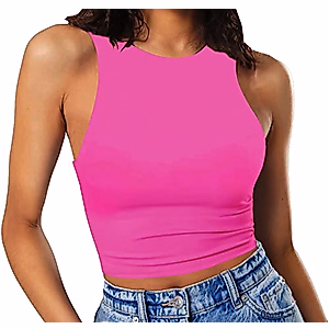 Artfish Women's Sleeveless Cropped Shirts High Neck Stretchy Fitted Basic Crop Tank Top (Hot Pink, XS)