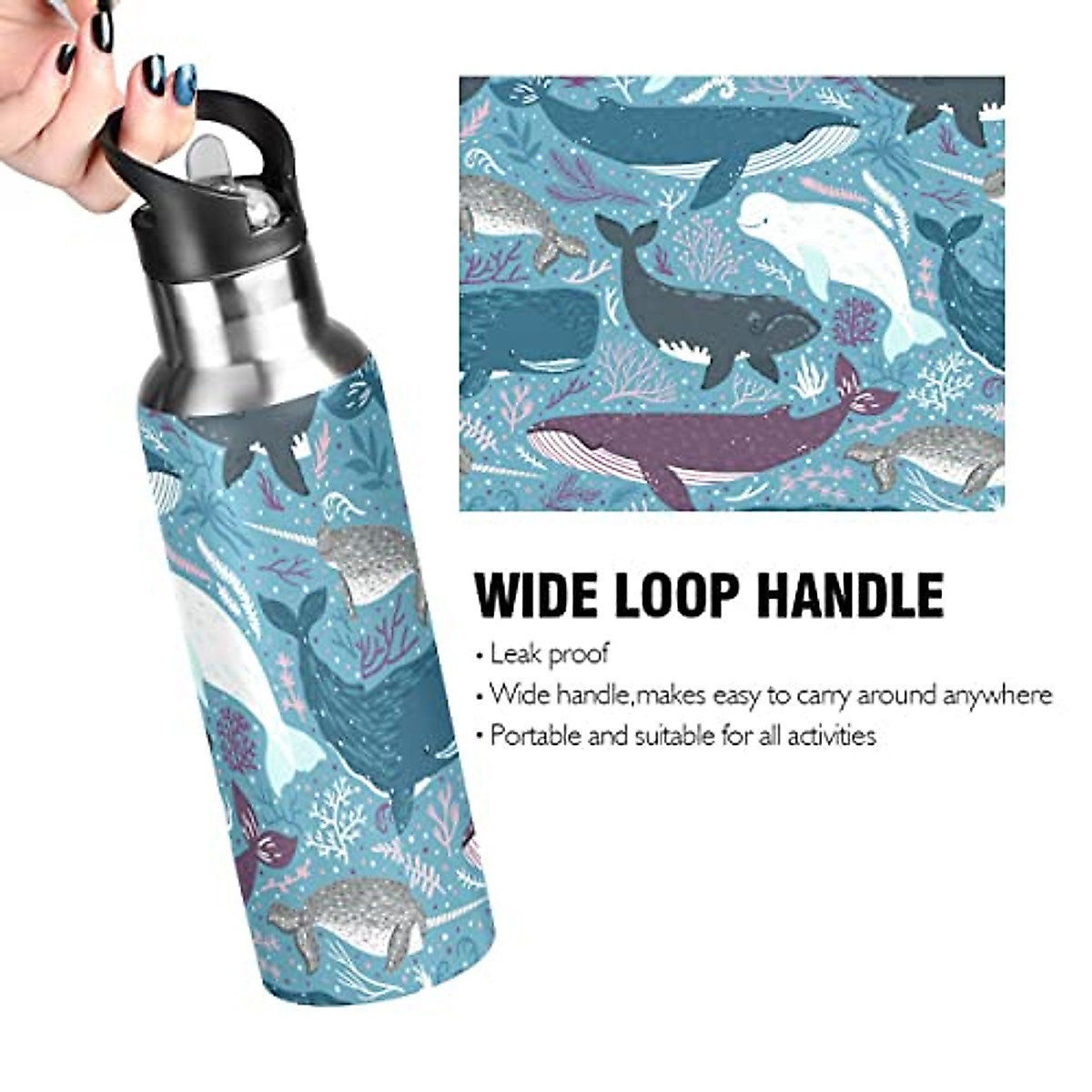 xigua Whale Water Bottle with Straw Lid Vacuum Insulated Stainless Steel Thermo Flask for Sports Cycling Hiking School Home,20 oz.