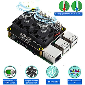 Raspberry Pi Fan 4B Dual Cooling Fans and Automatic Discoloration LED, Raspberry Pi GPIO Expansion Board for Raspberry Pi 4B / 3B+ / 3B / 3A+