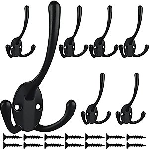 IBosins 7 Pack Big Heavy Duty Three Prongs Coat Hooks Wall Mounted with 14 Screws Retro Double Utility Rustic Hooks for Thick Coat, Big Heavy Bag