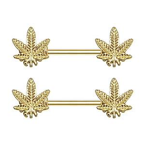 Pierce2GO 2 Pcs 14G Gold Marijuana Leaf Nipplerings Piercing Women Nipple Rings - 9/16" Barbell (Gold)