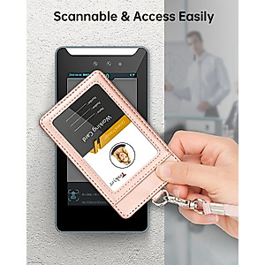 Teskyer Leather ID Badge Holder, Vertical PU Leather ID Badge Holder with 1 Clear ID Window & 1 Credit Card Slot and a Detachable Neck Lanyard (Rose Gold)