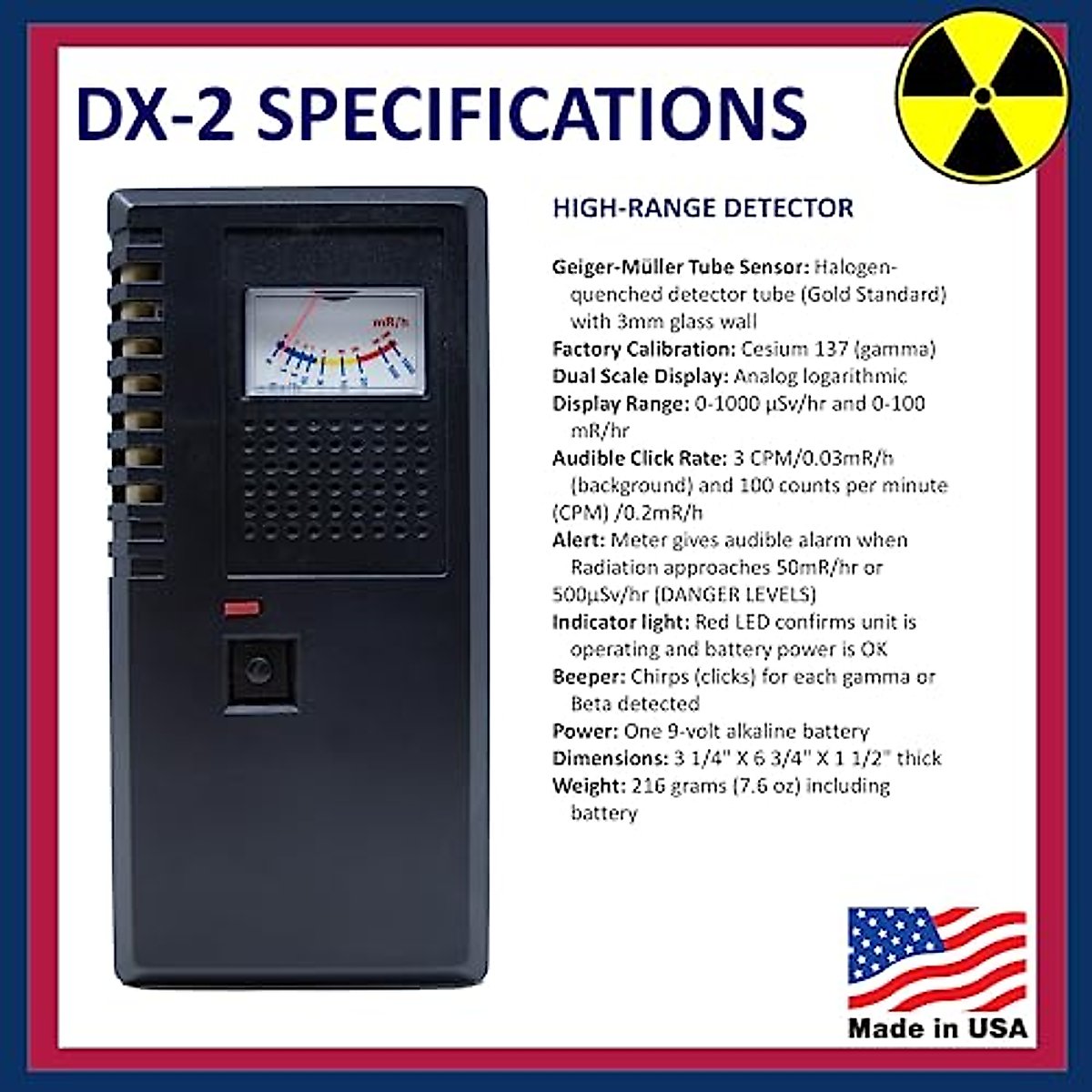RDX-2 High-Range Handheld Radiation Monitor & Detector | Geiger Muller Tube detects Gamma, Beta, and X-ray Radiation | Range: 0-1000 µSv/hr and 0-100 mR/hr | not affected by EMP | Instant Reading