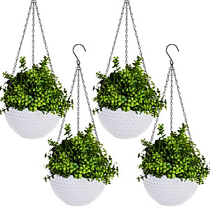 Gejoy 4 Pieces Self Watering Hanging Planter for Outdoor Indoor Plants 8 Inch Plastic Plant Hanger with Drain Hole and Chain Flower Plant Pot Hanging Basket Garden Planters and Pot, White