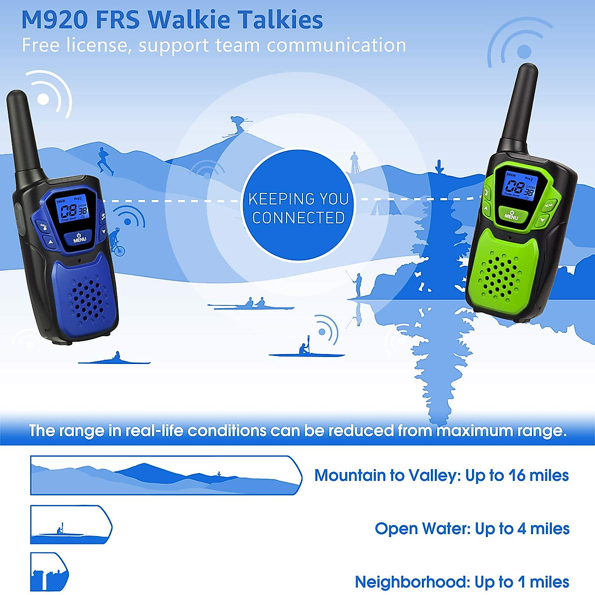 Walkie Talkies for Adult, Rechargeable Long Range Walky Talky Handheld Two Way Radio with NOAA Weather Channel, 6x1000MAH AA Batteries and USB Charger Included (Blue and Green 2 Pack)