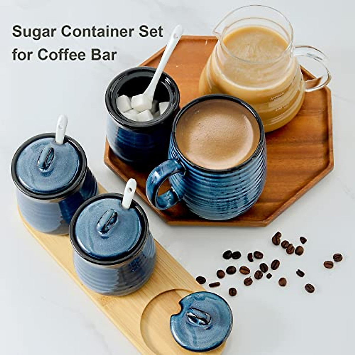 Hasense Porcelain Condiment Jar,10oz Spice Container with Lid Spoon and Bamboo tray,Small Salt Sugar Pepper Seasoning Pots Box Set of 3,Ceramic Condiment Container for Home kitchen Counter（Blue）