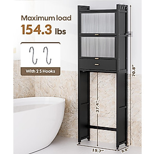 Cozivolife Over The Toilet Storage Cabinet with Drawer and Flip Door,Bamboo Bathroom Organizer Shelf with Anti-Tip Design and Waterproof Feet Pad,Freestanding Rack Above Toilet Space Saver (Black)