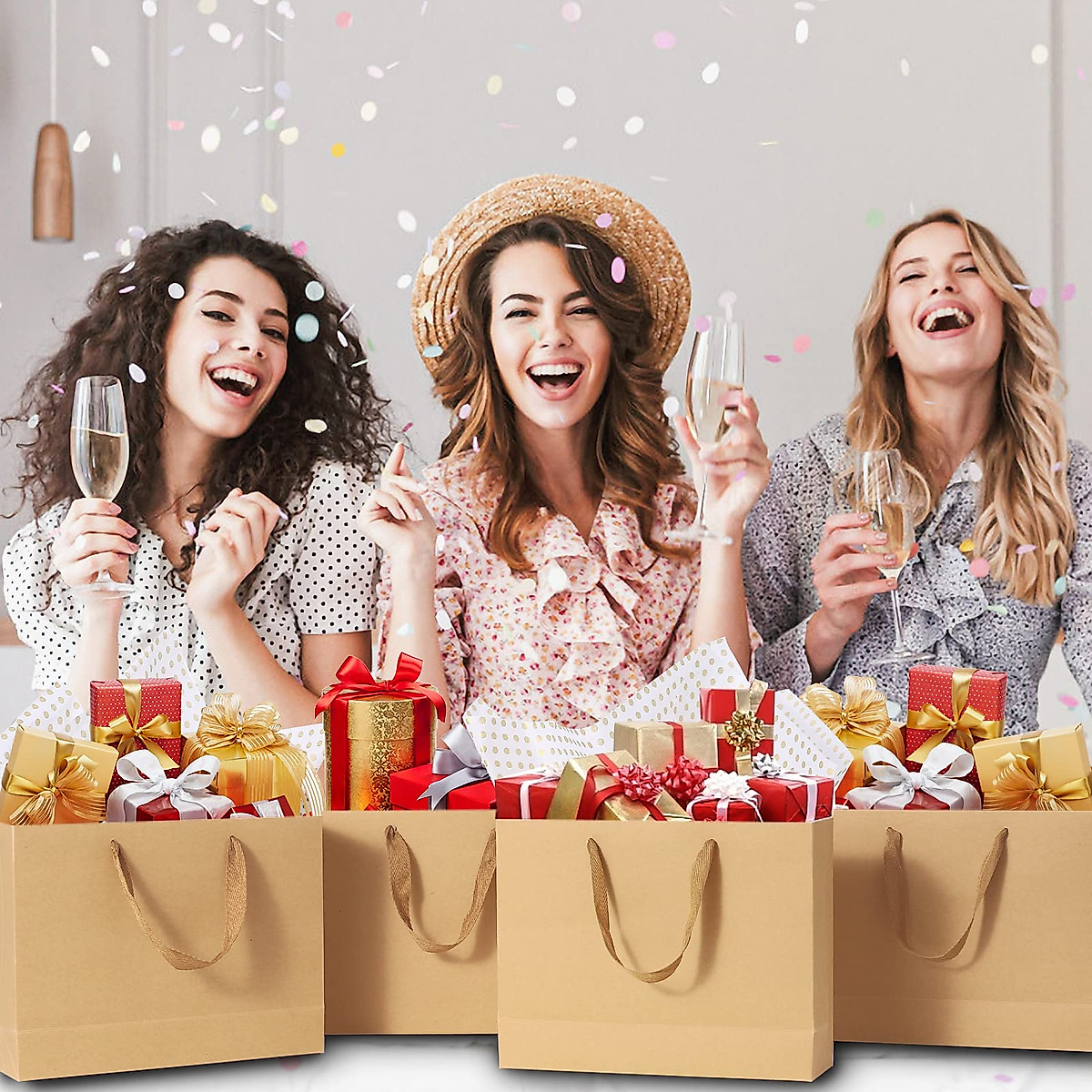 YNERHAI 20 Pack Gift Bags with Tissue Paper, Medium Kraft Paper Bag with Ribbon Handles, 10.6” x3.1” x8.3” Brown Gift Bags for Wedding, Birthday, Party Supplies and Gifts (Medium, Brown)