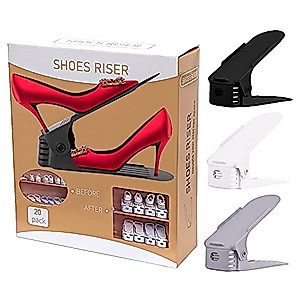 Set of 20 Adjustable Shoe Risers, Double Your Storage Space, 50% Space Saving Double Layer, Shoe Holder Rack Stacker Slots for Closet Shelf Organizer (White)
