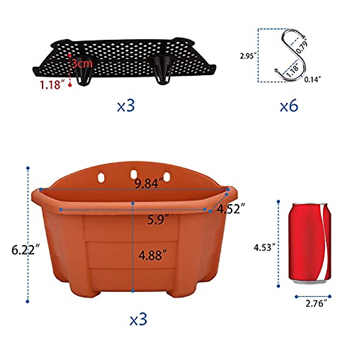 9.84” Wall Hanging Planters Railing Hanging Planters Plants Flowers Plastic Pots Baskets for Balcony Fence Garden Outdoor Indoor 3 Wall Pots(Terracotta red Color)