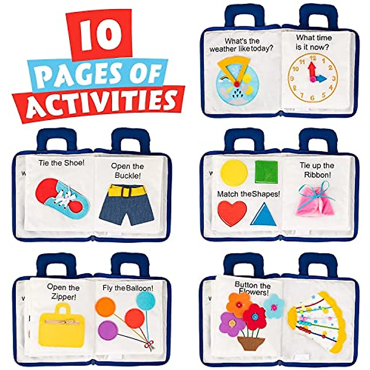 Jollybaby My First Busy Book Soft Fabric Cloth Books for Toddlers 1 2 3 Years Old My Quiet Book Church/Travel Toy Activities Learning Educational Book with 10 Sensory Items for Boys & Girls