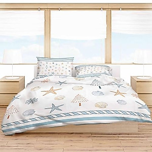 Lsrtoss Coastal Christmas Twin Duvet Cover Set for All Season, Xmas Tree Starfish Beach Blue Striped Microfiber 3 Piece Bedding Set with 2 Pillowcases & 1 Quilt Cover, 68" W x 86" L, Twin Size