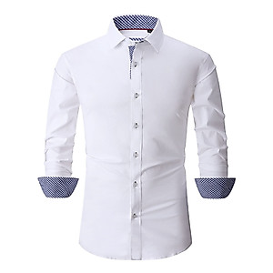 Men's Long Sleeve Stylish Dress Shirts Solid Color Casual Button Down Shirts Turn-Down Collar Shirt Top (White,Medium)