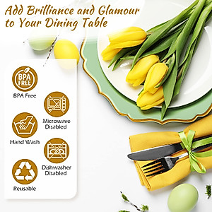 Mumufy 24 Pack Charger Plates Bulk 13 Inch Green Charger Plates Gold Trim Reusable Heavy Duty Large Round Dinner Chargers with Scalloped Rim for Wedding Upscale Party Festival Table Decoration