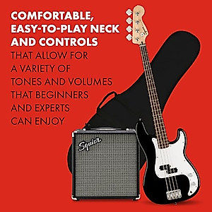 Squier by Fender Bass Guitar Kit, with 2-Year Warranty, Laurel Fingerboard, Black, Poplar Body, Includes Rumble 15G Amp, Padded Guitar Bag, Cable, Guitar Strap, and More