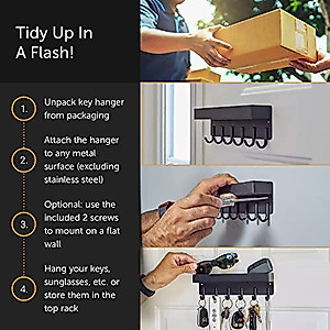 NM E-Store - Magnetic Key Holder w/ 6 Key Hooks, Key Holder for Wall w/Built-in Extra-Deep Tray, Multifunctional Key Hooks for Wall Mounting, Modern Key Rack Organizer, Black