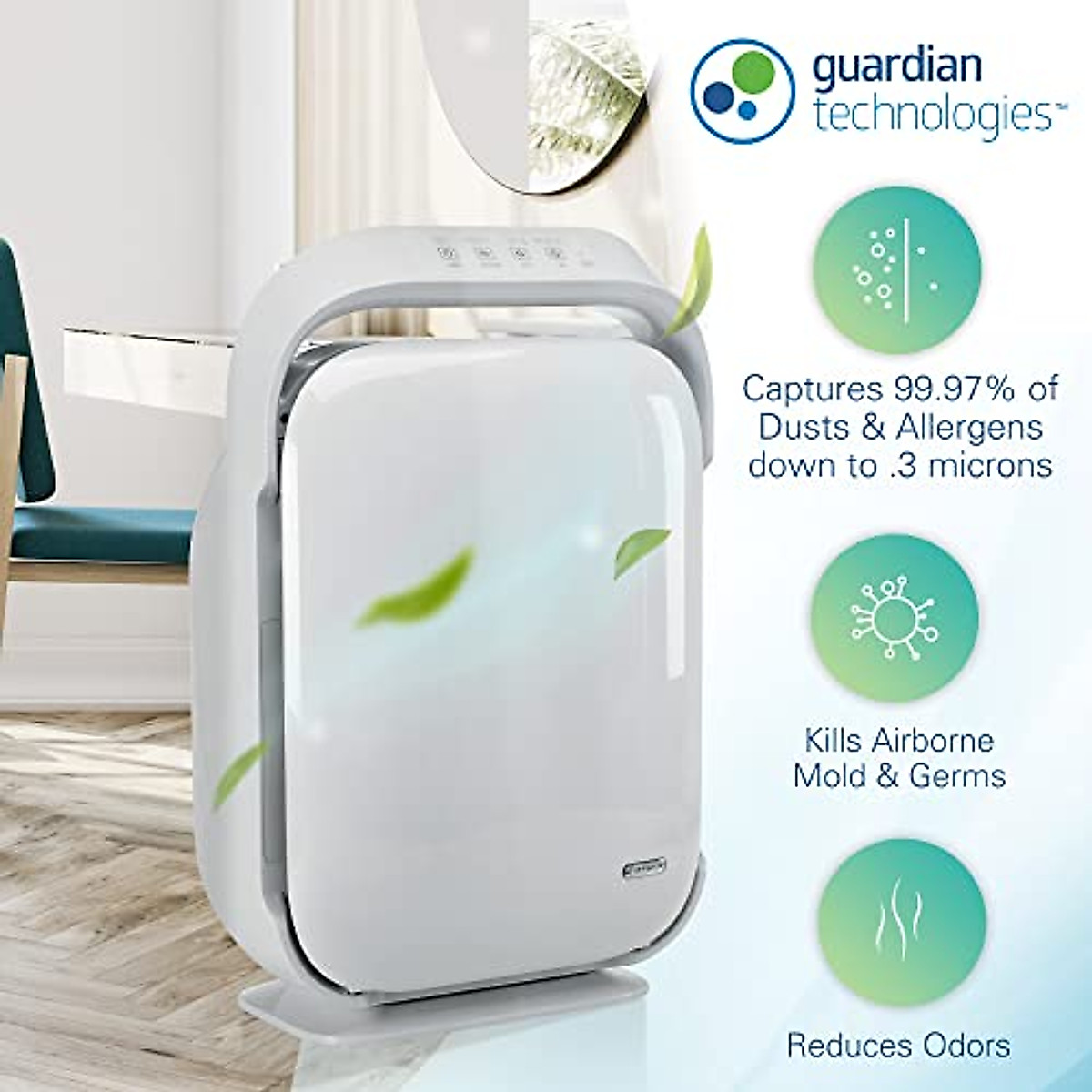 Germ Guardian AC9200WCA 27” 3-in-1 True HEPA Filter Air Purifier for Home, Large Rooms, UV-C Sanitizer, Filters Allergies, Smoke, Dust, Pet Dander, Pollen & Odors, 3-Yr Wty, GermGuardian, White