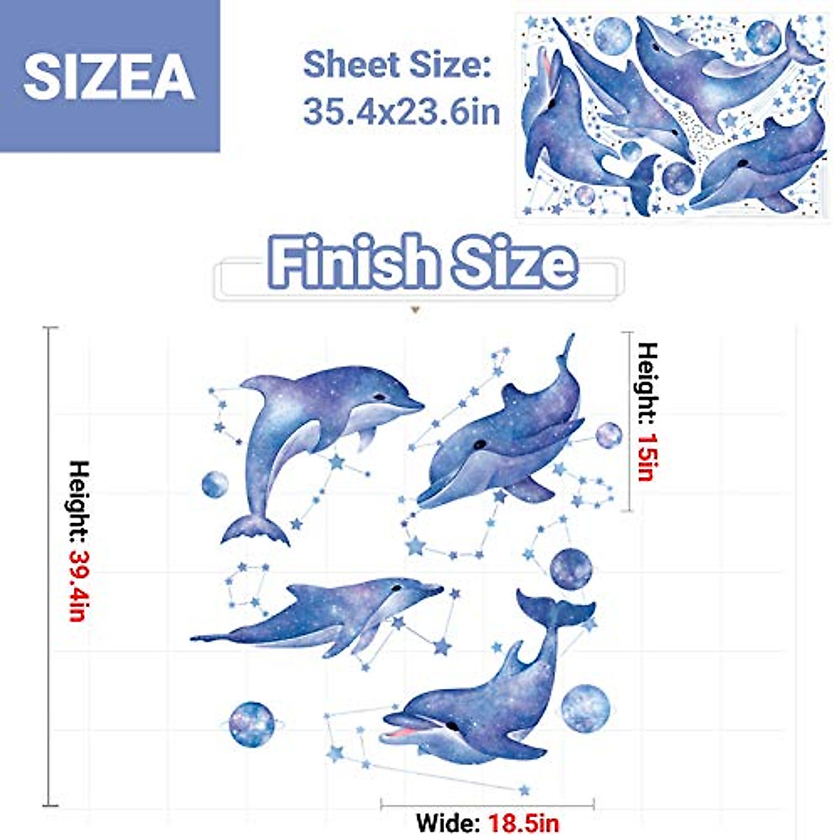 Ocean World Wall Stickers, 3D Blue Dolphin 3D Shark Broken Wall Stickers Tropical Fish DIY Wall Decals Art Decor for Kids Boys Bedroom Playroom (Dark Blue)