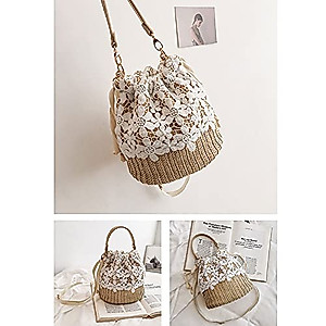Rong Shop Women Cross Body Bohemian Straw Bag Straw Drawstring Bucket Straw Bag Flower Lace Decor Handwoven Rattan Bag, Flower