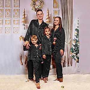 Christmas Pajamas for Family Silk Satin Matching Pajamas Couples Loungewear Festival Party Sleepwear with Button Kids Black