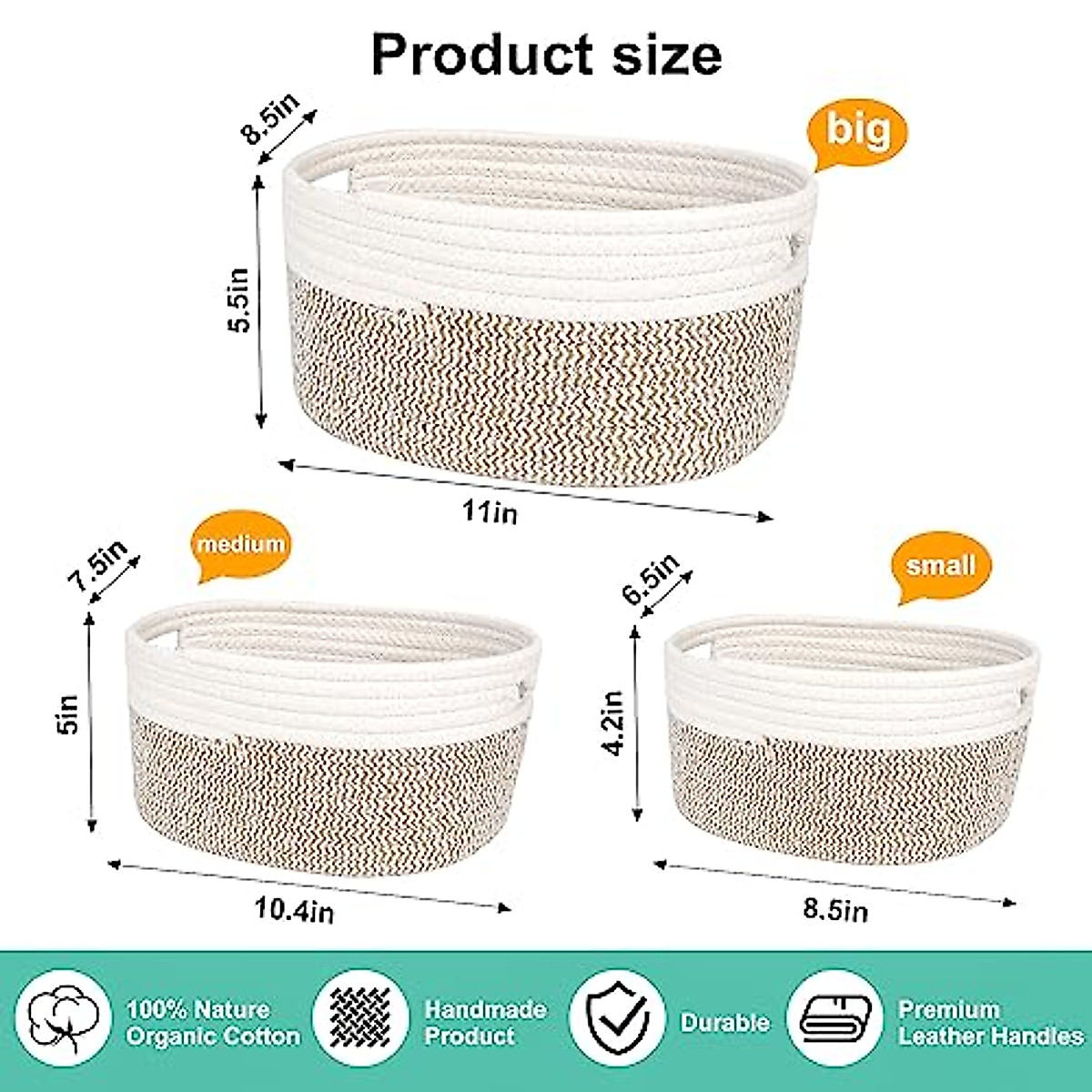 Storage Baskets for Shelves, Set of 3 Storage Baskets with Handles for Living Room, Bathroom Nursery Shelves (Mixed Camel+White)