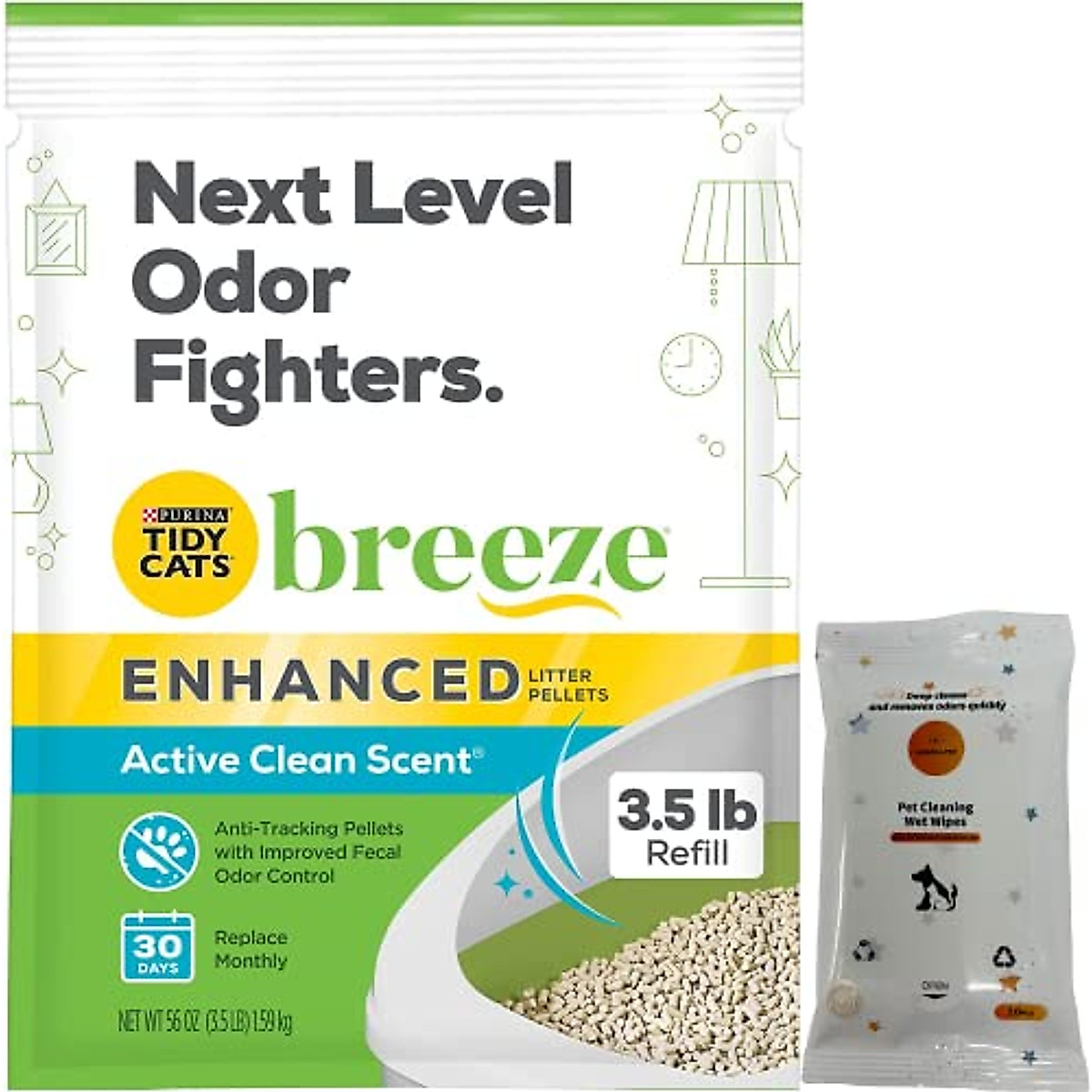 Tidy Cats Breeze Enhanced Cat Litter Pellets - Active Clean Scent, Refill 3.5 lb with Aurora Pet Wipes