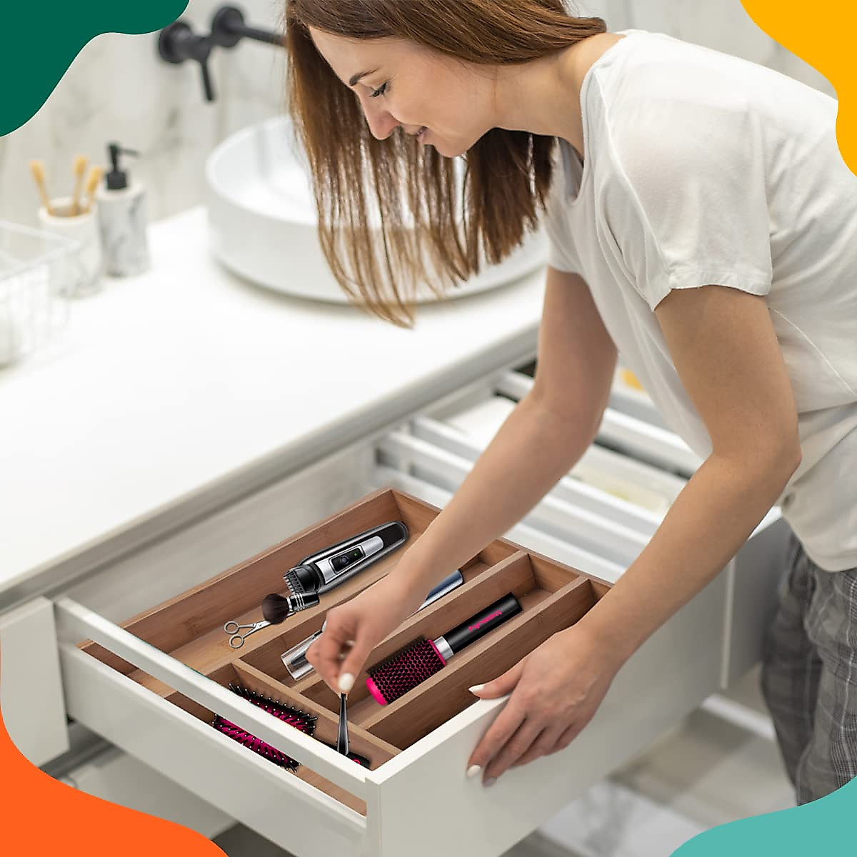 ECO SOUL Organic Bamboo Wooden Kitchen Drawer Organizer | Sturdy, Large 11' x 16' | Organizer Tray for Silverware, Cutlery, Flatware, Utensil Holder | Grooved Drawer Dividers, 6 slots