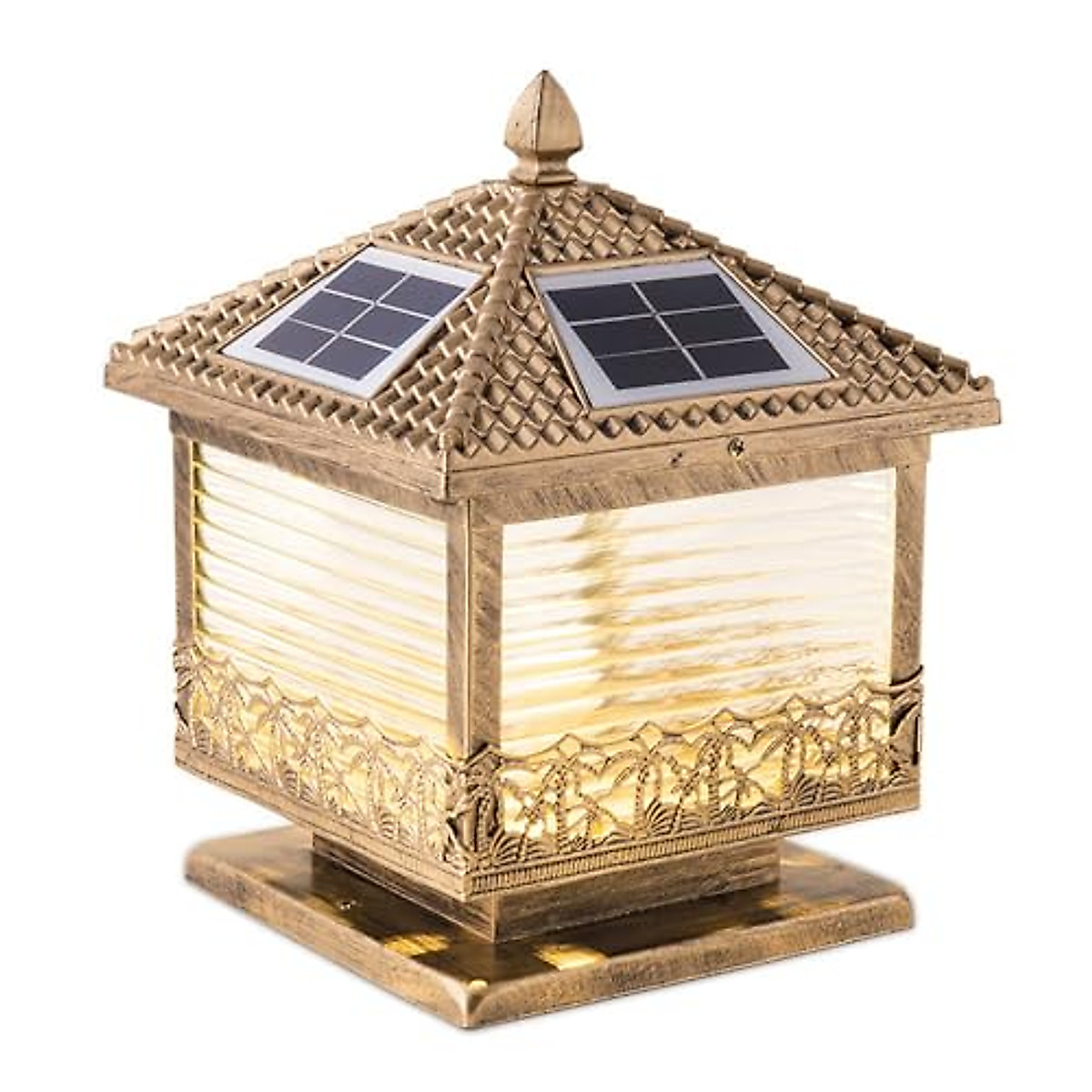 LED Outdoor Solar Post Light Square European Retro Waterproof Column Lights Square Remote Control 3-Color Dimming Pillar Lantern Acrylic Striped Lamp Shade Bronze Doorway Pole Light