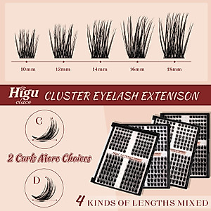 Higu clace Lash Clusters 168pcs, D curl Cluster Lahses 10-16mm Mixed, DIY Eyelash Extensions Super Thin Band & Soft, Wispy Eyelash Clusters Mega Volume Reusable Use at Home(BUSHY D 10-16mm)