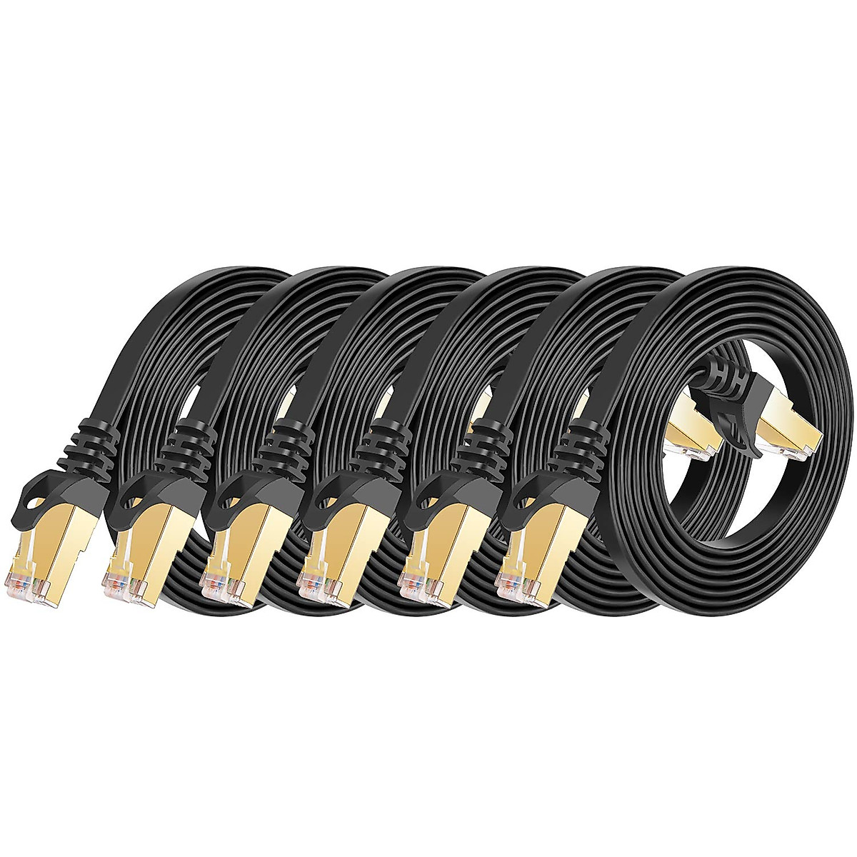 Cat 7 Shielded Ethernet Cable 5 ft 6 Pack Black (Highest Speed Cable) Cat7 Flat Ethernet Patch Cables - Internet Cable for Modem, Router, LAN, Computer - Compatible with Cat 5e，Cat 6 Network