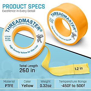 TAPEWELL Yellow Gas Pipe Thread Sealant Tape - Pack of 1-260" Length 1/2" Width Thread Seal Tape - for Propane, Natural Gas, and More