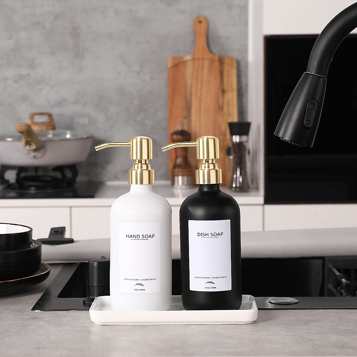 Supforce Kitchen Soap Dispenser Set with Ceramic Tray, 16.9oz Glass Dish Soap Dispenser with 12 Waterproof Labels and Stainless Steel Pump, Hand Soap Dispenser for Kitchen Bathroom Farmhouse