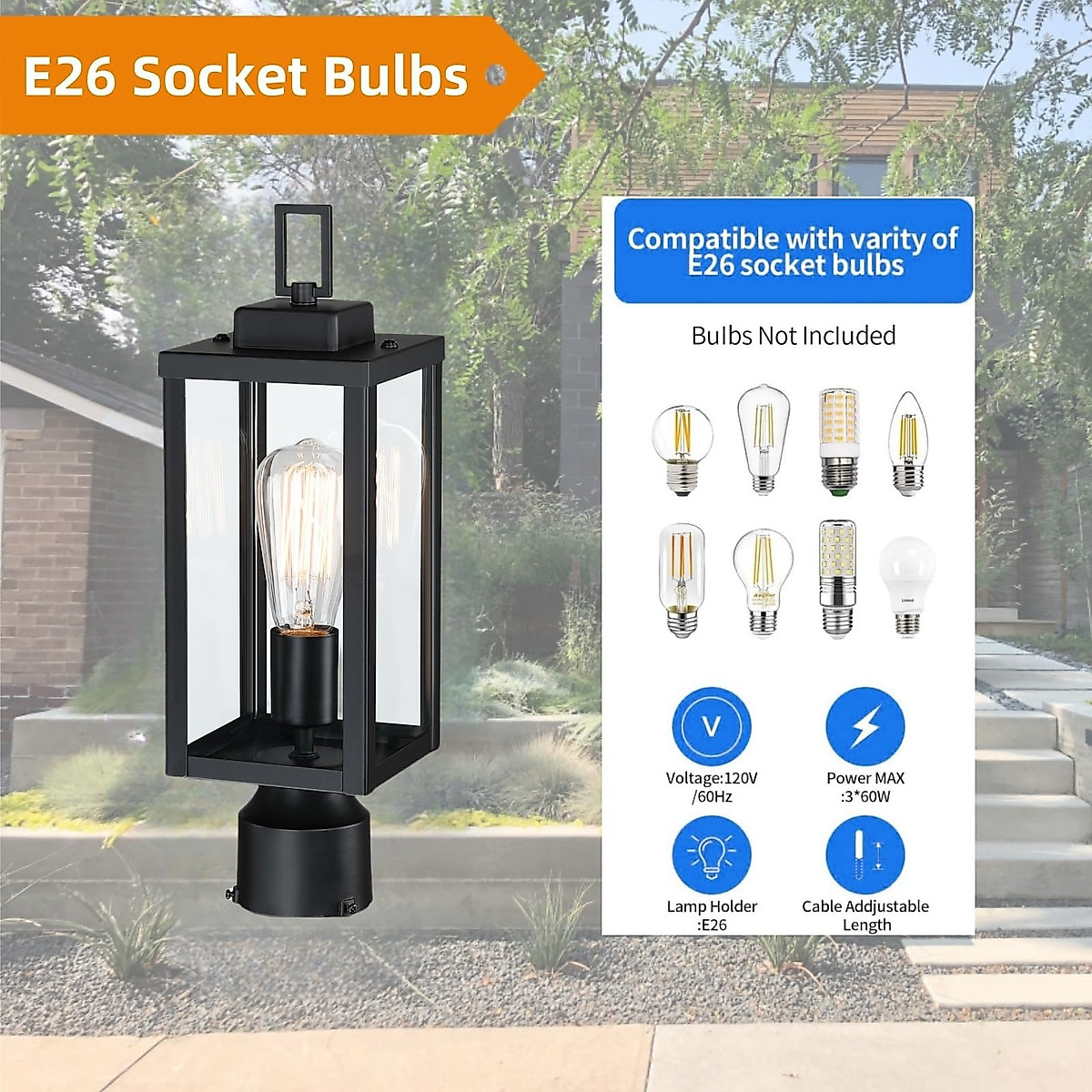 WISBEAM Outdoor Post Light, Pole Lantern, E26 Base 60W Max, Metal Housing Plus Glass, ETL Qualified, Bulbs not Included