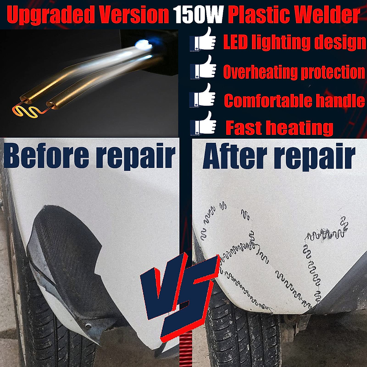 Upgraded 150W Plastic Welder Bumper Repair Kit,2-in-1 Plastic Welding Kit 800PCS Hot Staples & 30pcs Plastic Welding Rods,Hot Stapler Plastic Repair Kit for Car Bumper Kayak Crack Repairs(black)