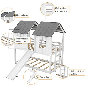 Merax Twin-Over-Twin Wooden House Bunk Bed with Slide, Windows, Ladder and Guardrails, Twin Size White House Bunk Bed