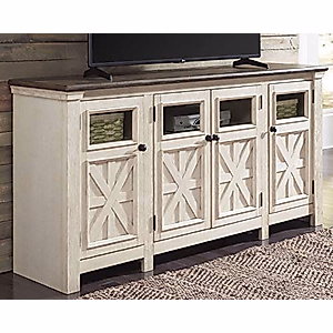 Signature Design by Ashley Bolanburg Two Tone Farmhouse TV Stand, Fits TVs up to 72", 3 Cabinets and Adjustable Storage Shelves, Whitewash