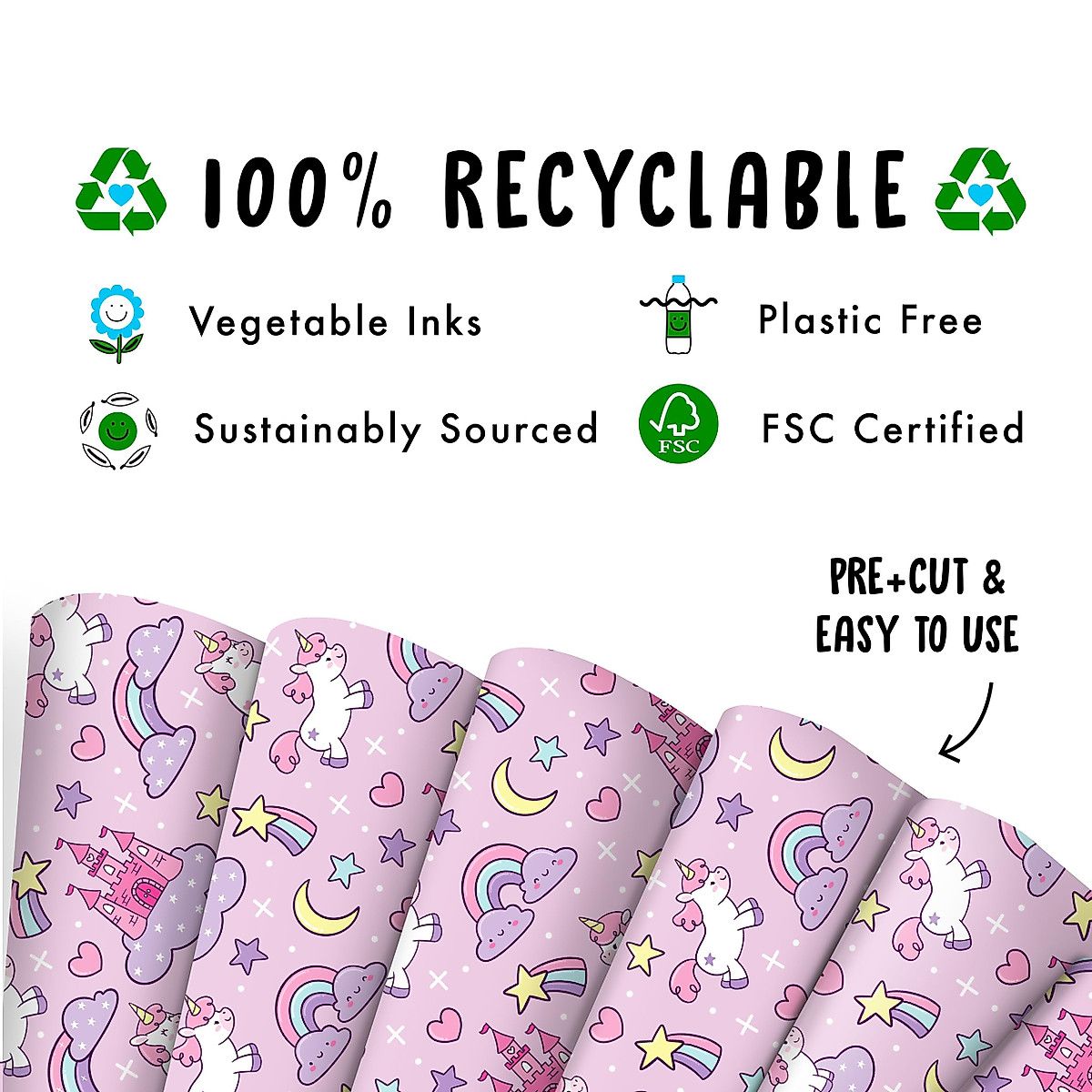 CENTRAL 23 Magical Wrapping Paper (x6) Sheets - Pink Unicorn Gift Wrap - Castles and Princesses - For Girls Kids New Baby - 1st 2nd 3rd