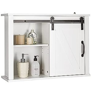 Tangkula Farmhouse Wall Storage Bathroom Cabinet with Sliding Barn Door, 3 Tier Adjustable Shelf, Rustic Vintage Décor Wooden Wall Mounted Medicine Cabinet for Bathroom Living Room Kitchen, White