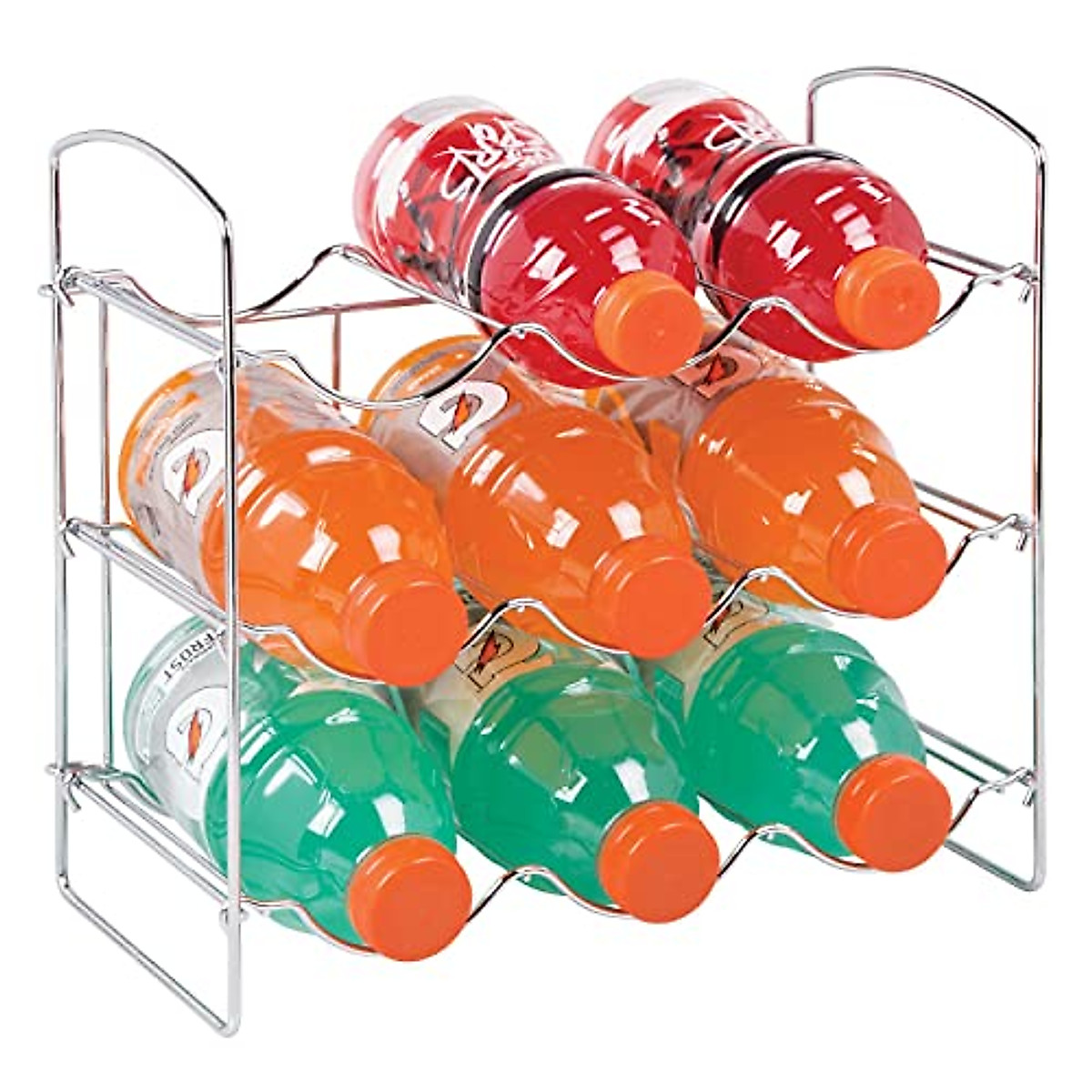 mDesign Metal Wire Free-Standing Water Bottle Rack - Storage Organizer for Kitchen Countertops, Pantry, Fridge - 3 Levels, Holds 9 Bottles - Chrome