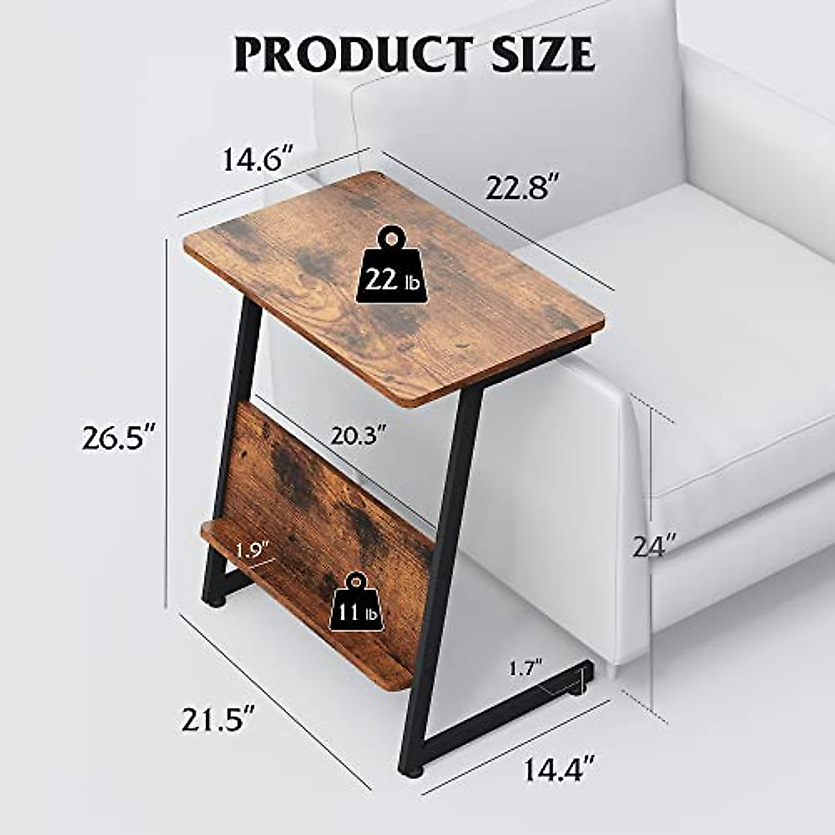 WLIVE Snack Side Table, C Shaped End Table with Magazine Rack for Sofa Couch and Bed, TV Tray Table with Metal Frame, Industrial, for Living Room, Bedroom, Easy Assembly,Rustic Brown and Black