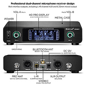 Bietrun Wireless Microphone, Rechargeable Metal Dual UHF Cordless Dynamic Handheld Microphone System for Home Karaoke, Meeting, Party, Church, DJ, Wedding(UHF 240ft Range)(Receiver with Bluetooth)