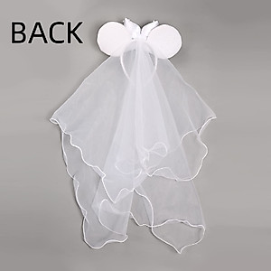 JIAHANG Bridal Veil Mouse Ear Bow Headband with Flowers, White Honeymoon Wedding Headpiece, Bachelorette Party Costume Headwear for Women Girls