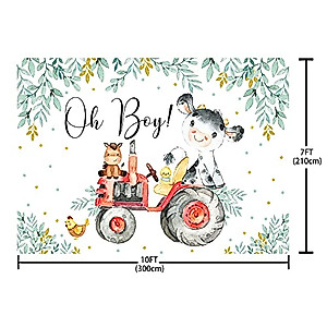 ABLIN 10x7ft Holy Cow Baby Shower Backdrop for Boy Spring Theme Oh Boy Baby Shower Party Decorations Banner Green Leaves Red Tractor Photography Background Photo Shoot Props