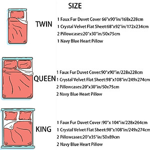 6Pcs Fluffy Faux Fur Duvet Cover Sets,Fuzzy Plush Shaggy Bedding Set(1Faux Fur Quilt Cover with Velvet Fabric Inner+1Flannel Flat Sheet+2 Shaggy Pillowcases+2 Heart Pillows) Zipper Closure Navy King